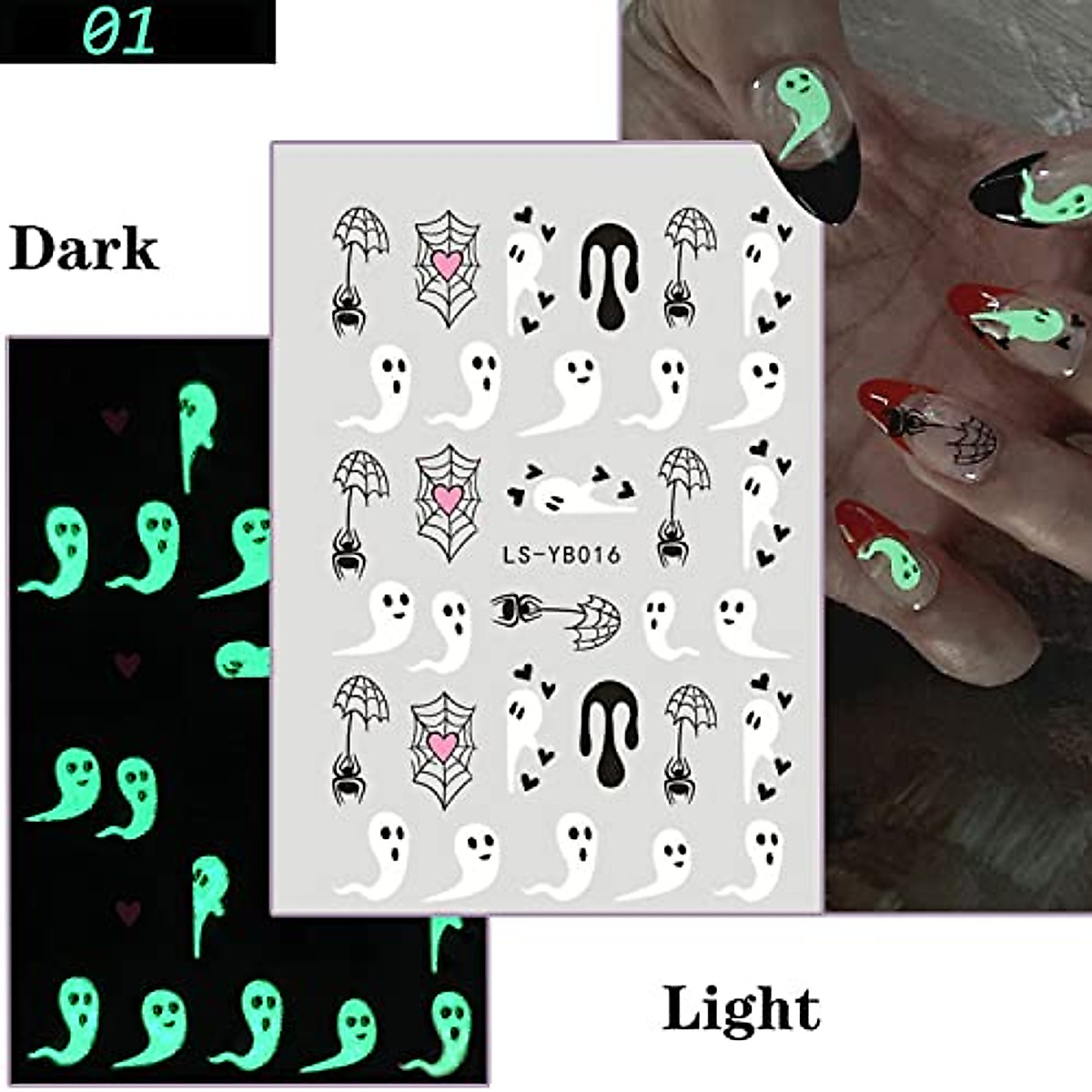 4 Sheets Halloween Nail Art Stickers Decals Luminous Halloween Nail Stickers Halloween Nail Decorations Accessories Cute Ghost Spider Web Halloween Black White Glowing in The Dark Nail Designs