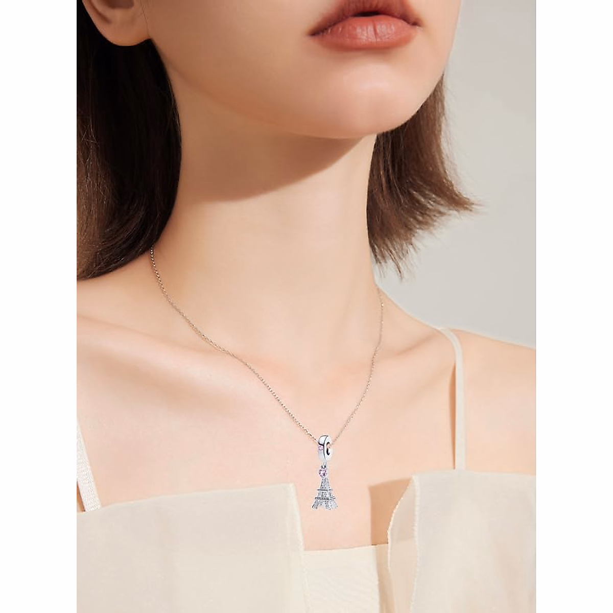 MZC Jewelry Eiffel Tower Love to Travel Charm for European Pandora Bracelets Pink Crystal Heart Dangle Bead for Women Mom Sister Family Holiday