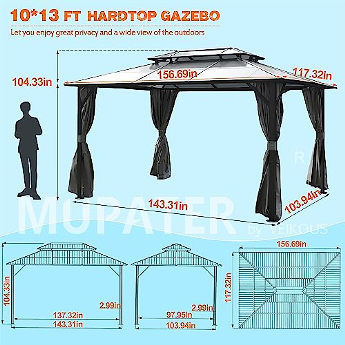 MUPATER 10x13FT Outdoor Polycarbonate Hardtop Gazebo with Double Roof Canopy, Aluminum Frame, Netting and Curtainsfor Patios, Deck, Lawns, Gardens