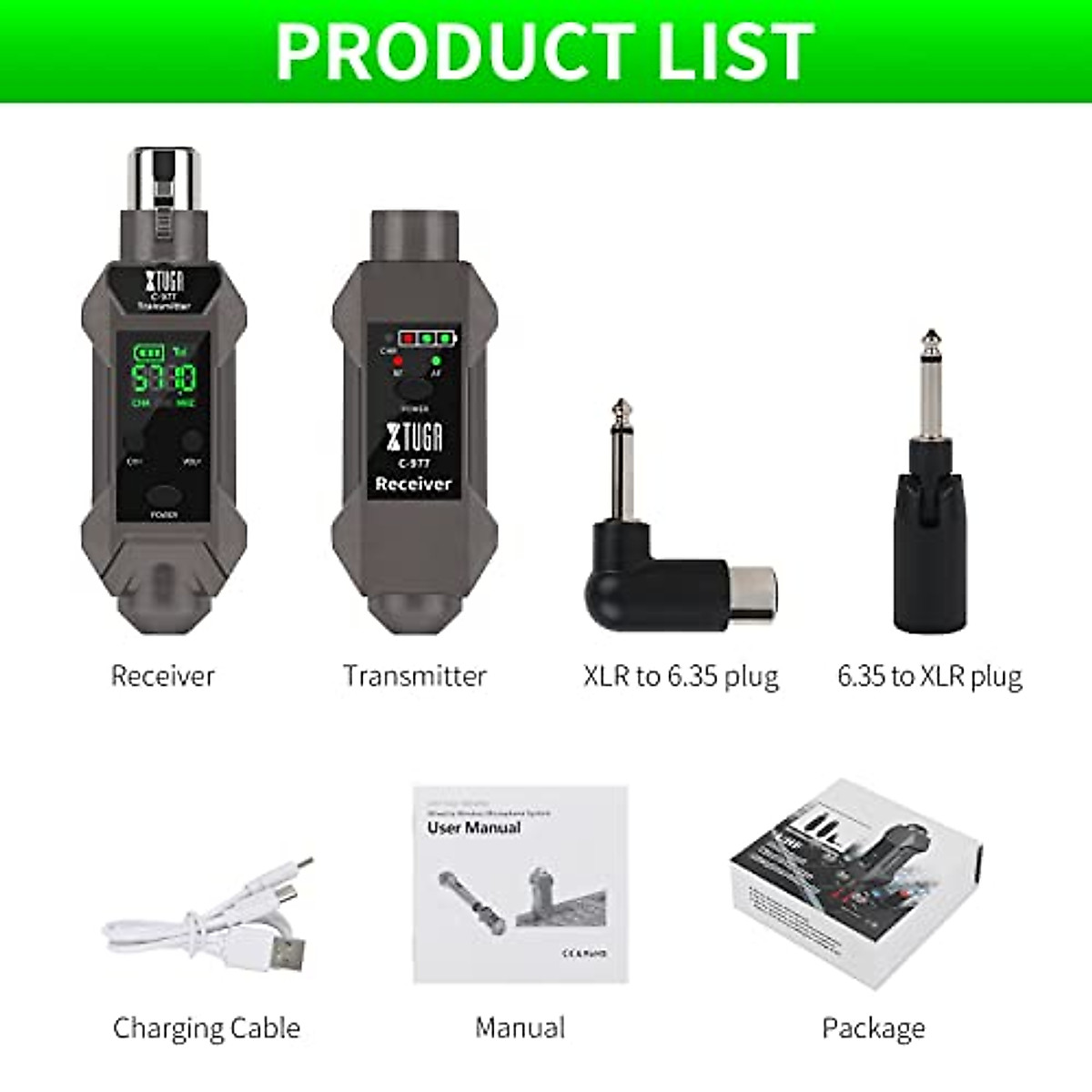 XTUGA C-977 UHF Wireless XLR Transmitter and Receiver& Wireless Guitar Transmitter Receiver,Rechargeable Mic Adapter 16 Channels 164ft Range for Dynamic Microphone,Audio Mixer,Electric Guitar Bass