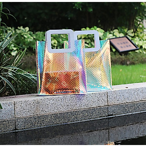 Reusable Gift Bag 11 x 9.8 x 5.1 Inches Iridescent Holographic Large Medium Size Gift Bags with Handle Mermaid Fish Scales Cute Handbags for Birthday, Christmas,Party, Baby Shower,Wedding, Women,Girls 1 PCS