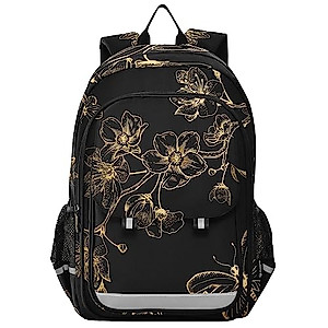 Backpack Daypack Shoulder Bag Vintage Floral Flowers Branch Butterfly Gold Black Rucksack Laptop Compartment