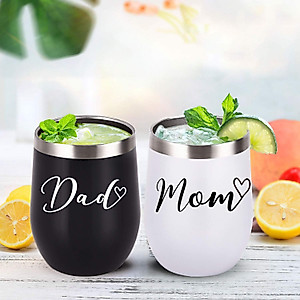 Mom and Dad Wine Tumbler Set, Funny Christmas Gifts for New Parents New Pregnancy New Dad New Mom Anniversary Birthday, Stainless Steel Insulated Wine Tumbler with Lid(12oz, Black and White)