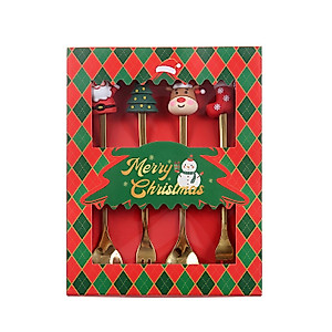 4Pack Stainless Steel Christmas Coffee Spoon and Xmas Dinner Forks Set -Dessert Spoon Fruit fork Ice Cream Iced Tea Spoon, Cake Forks - Gifts for Christmas Party Supply