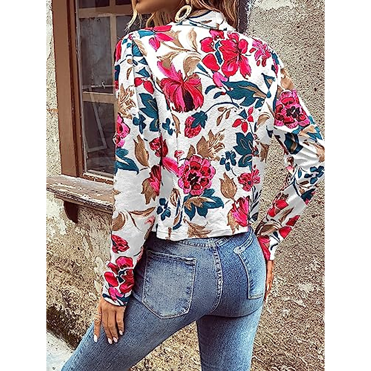 OYOANGLE Women's Floral Print Long Sleeve Blazers Casual Office Work Open Front Cardigan Jacket Blazer White L