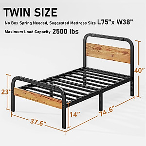 ZIYOO Industrial Style Twin Size Metal Bed Frame with Solid Wood Headboard and Footboard, 14 Inch High Heay Duty Steel Slats Support No Box Spring Needed，Easy Assembly Structure