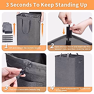 GhvyenntteS Large Freestanding Laundry Hamper Collapsible Laundry Basket with 2 Removable Bags, Sturdy Clothes Hamper with Bottom Plate and Metal Wire Frame for Bathroom Laundry Room, Grey