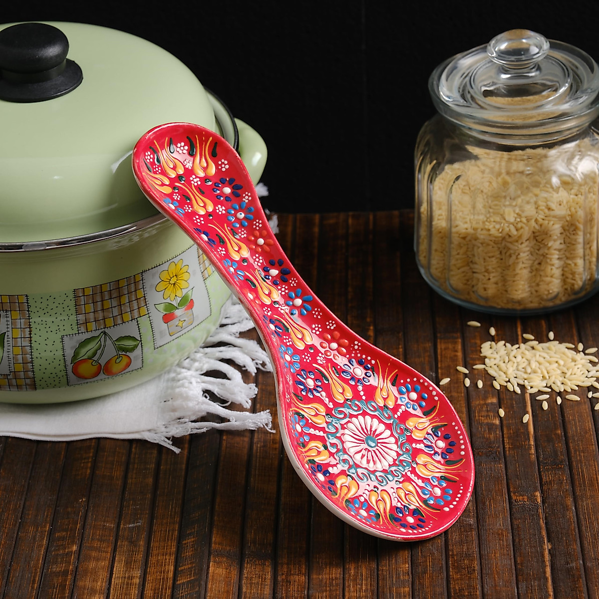 Handmade Spoon Rest, Ceramic Spoon Rest for Stove Top, 10" Spoon Rest for Kitchen Counter, Dishwasher Safe Spoon Holder for Stove, Housewarming Gifts Utensil Rest, Colorful Spoon Rests (Apple Red)