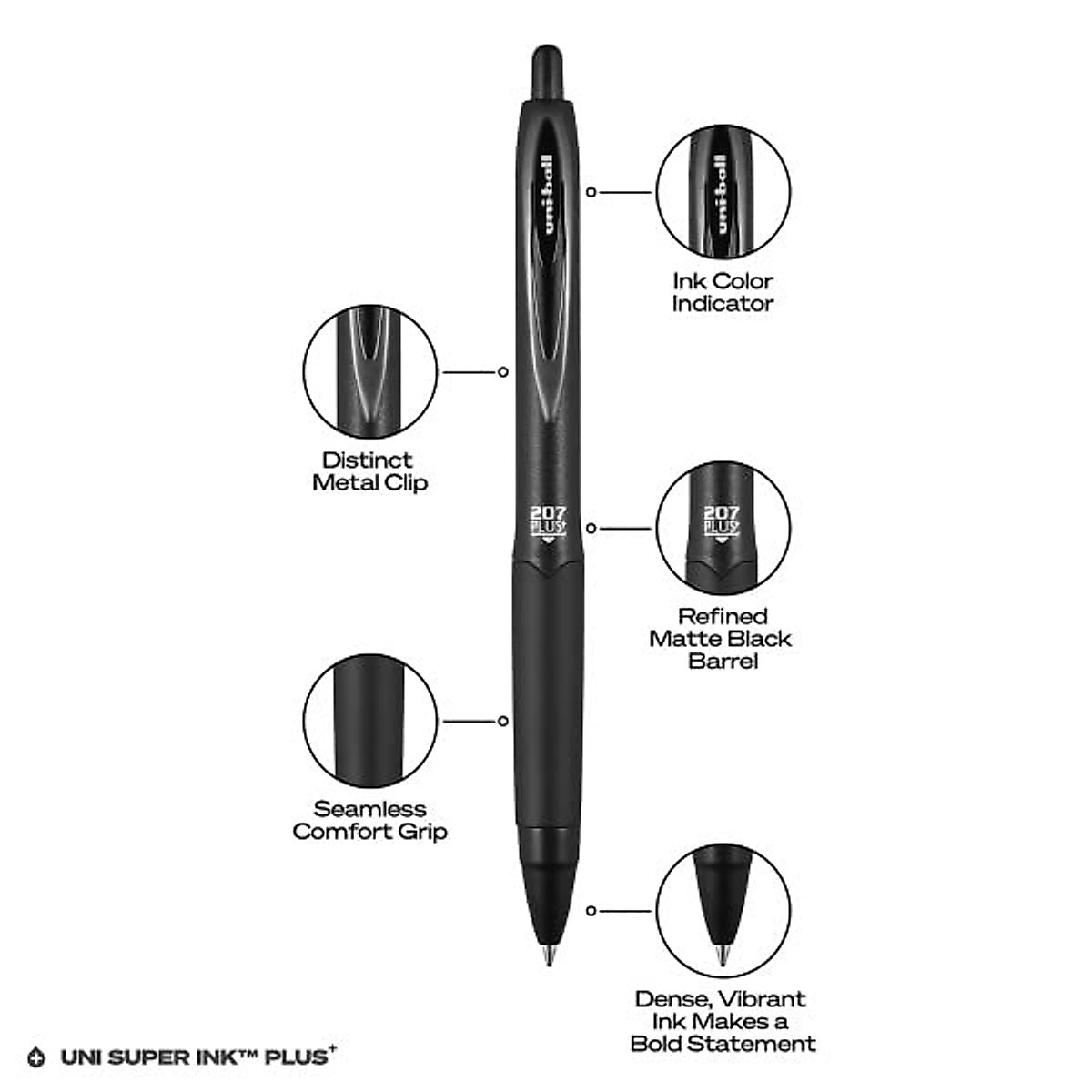 uniball 207 Plus+ Retractable Gel Pens 36 Pack in Black with 0.7mm Medium Point Pen Tips - Uni-Super Ink+ is Smooth, Vibrant, and Protects Against Water, Fading, and Fraud