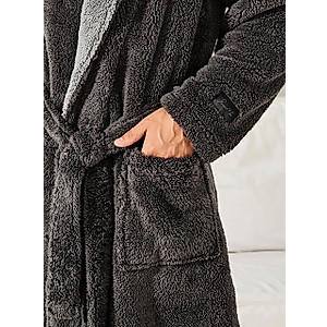 SlumberMee Mens Fleece Plush Robe with Hood Ultra Soft Fluffy Full Length Long with Pockets Luxurious House Coat (Dark Grey, L)