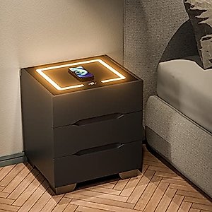 Smart Nightstand with Wireless Charging Station and LED Lights, Black Night Stands with 3 Drawers and USB Charging Port, Modern Bedside Table for Bedroom Furniture