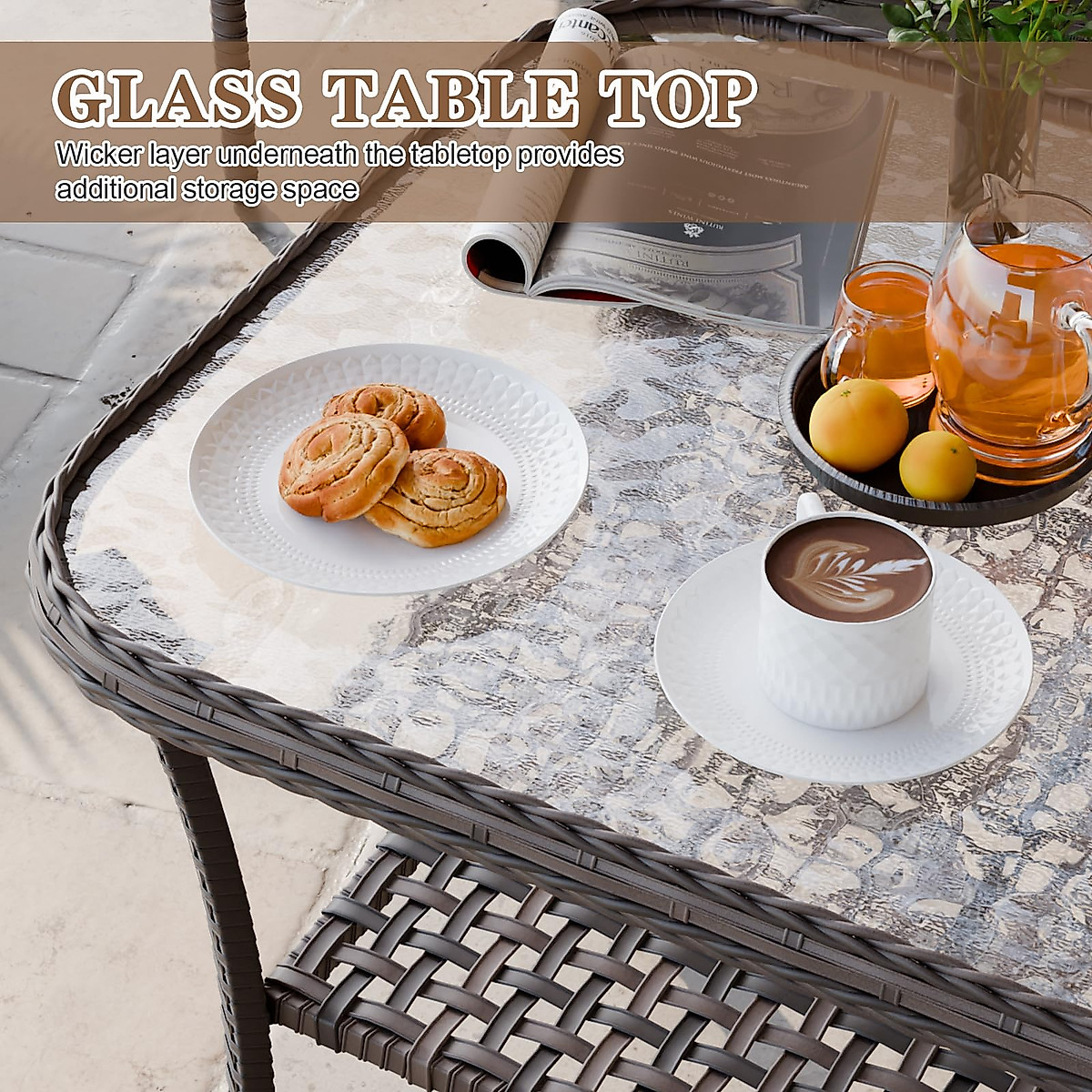 INTER HUT 4-Piece Outdoor Furniture Set - PE Rattan Wicker Loveseat, 2 Chairs, and Steel Table Conversation Set for Patio, Backyard, Poolside and Lawn