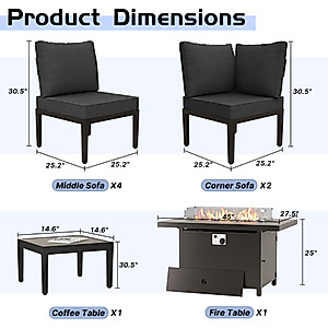 Gotland 6-Seater Patio Furniture Set with 43in Gas Fire Pit Table - Modern Outdoor Metal Sectional Sofa with 55,000 BTU Propane Fire Pit, Black Cushions