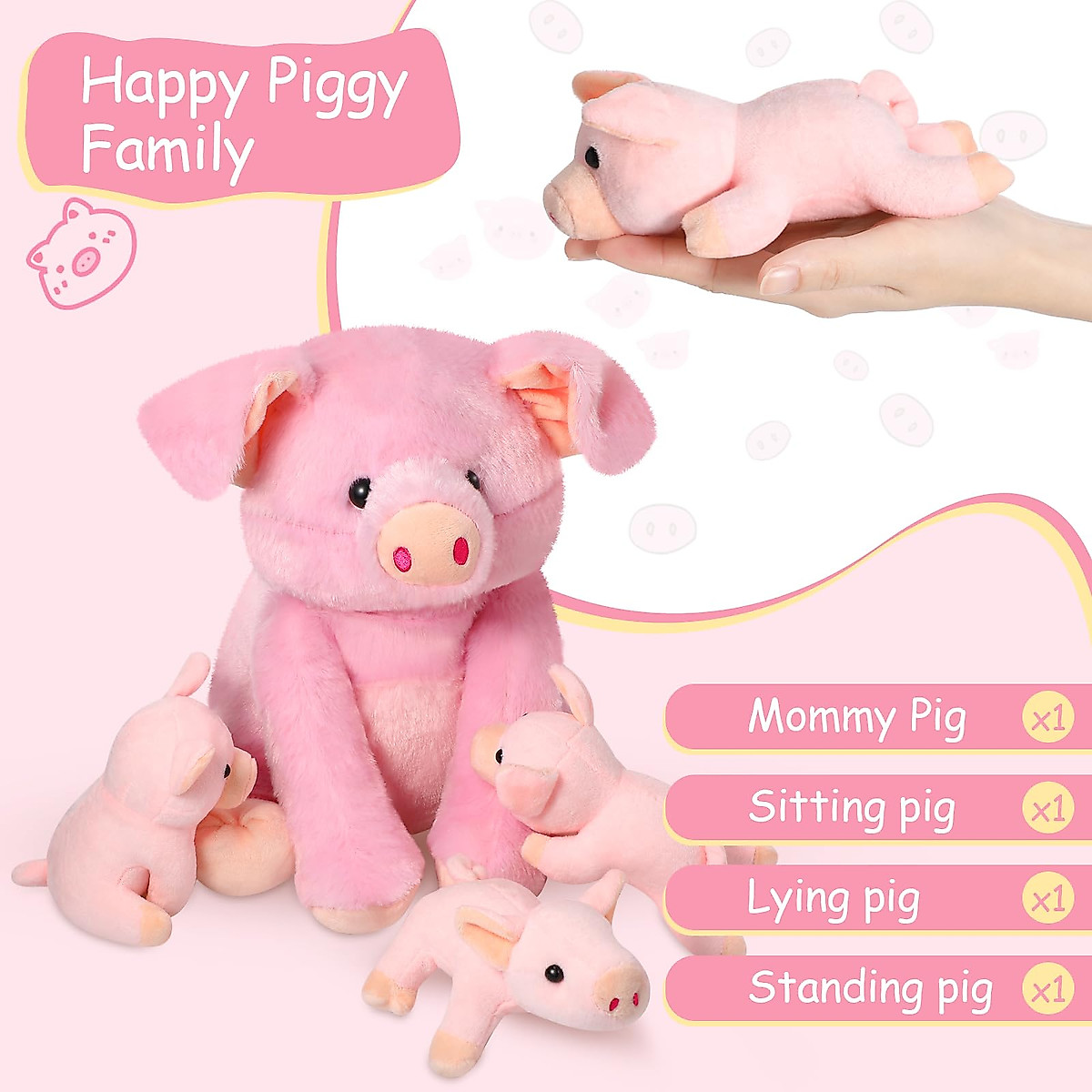 Zomiboo 4 Pcs Pig Plush Stuffed Animals Set Mommy Pig Stuffed Animal with 3 Baby Plush Piggy in Her Tummy Mommy Pig and Baby Small Plush Pig Valentine's Day Birthday Gift for Toddlers Boys Girls
