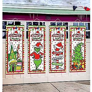Grinch Christmas Decorations 4PCS Welcome To Whoville Vinyl Poster Door Covers Backdrop Merry Grinchmas Wall Art Hanging Banner for New Year Indoor Outside Garage Door