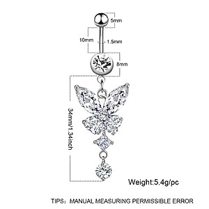 Dangle Belly Button Rings 316L Surgical Steel Belly Rings,14G Butterfly Belly Button Ring Dangling CZ Belly Screw Navel Barbell Piercing Jewelry for Women-butterfly 3
