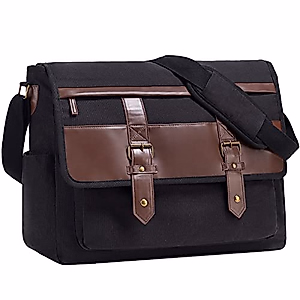 Celvetch Laptop Messenger Bag - PU Leather Briefcase for Men Canvas Shoulder Bag Computer Bag for Work Travel College - Black