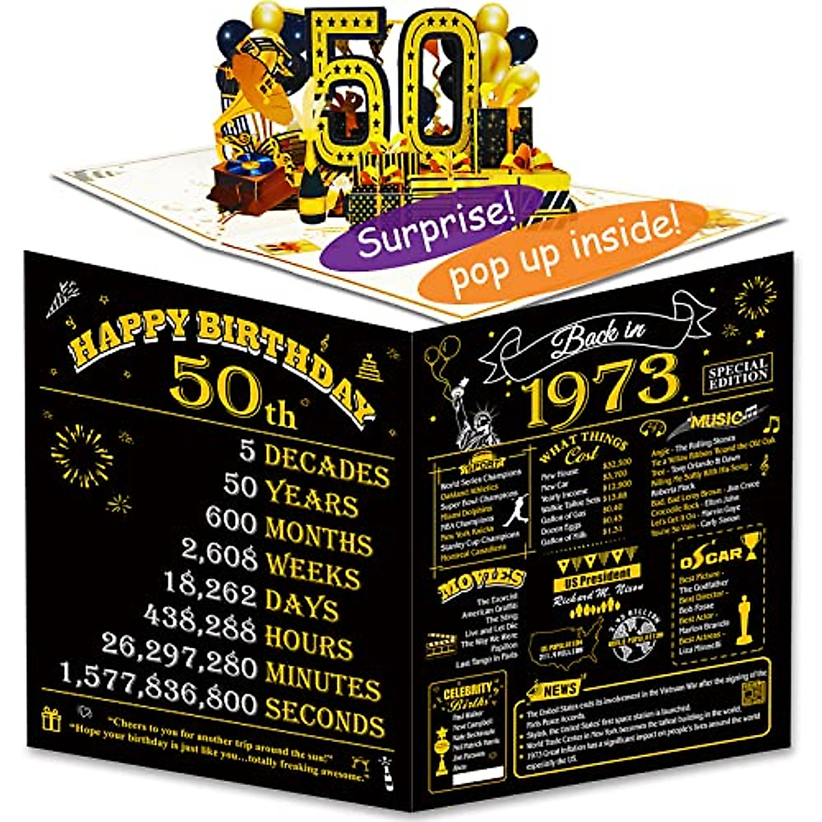 50th Birthday Pop Up Cards for Women or Men, 3D Greeting Card with Gilding Poster Cover, Funny 50th Birthday Gifts Idea for Party Supplies, Unique 50 Year Anniversary For Mom Dad, Back In 1973, Jumbo