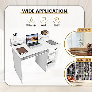 GOFLAME White Computer Desk, Home Office Desk with Large Drawers, Hutch, Keyboard Tray, 5-Position Adjustable Open Shelves, Easy Assembly, Writing Desk for Bedroom, Small Space, Living Room(White)