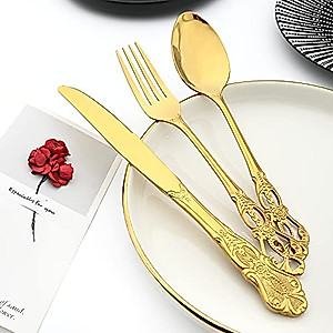 Snplowum Royal 24-piece Gold Mirror Silverware Dinnerware, 18/10 Stainless Steel Luxury Flatware Service For 6 Tableware Ideal For Wedding Home Restaurant, Dishwasher Safe