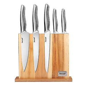 Hecef 6 Piece Kitchen Knife Block Set,All Metal Construction Hollow Handle Tapper Ground Knives & Double Sided Magnet Wood Knife Block