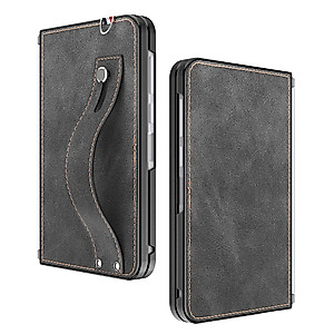 Foluu for Microsoft Surface Duo Case, Surface Duo Leather Case 2020, [Slim & Lightweight] PU Leather Back Cover Hard PC Holder with Hand Strap Protective Phone Case for Microsoft Surface Duo (Black)