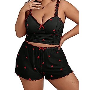 SOLY HUX Women's Plus Size Heart Print Mesh Pajama Set Cami Top and Shorts Lounge Sleepwear Black Heart 5XL