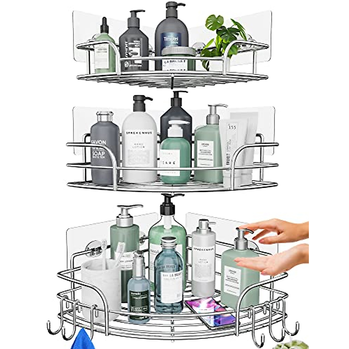 3 Pack Corner Shower Caddy: Stainless Steel No-drilling Bathroom Organizer for All 90° Corners- Installed in Minutes, Heavy Duty Shower Shelves for Storage- 6 Metal Hooks with Caps, 2 Extra Adhesives