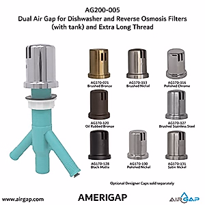 Dual Air Gap for Dishwasher and Reverse Osmosis Filters (with tank) and Extra Long Thread (AG200-005, AG200-002, T52 RO KIT, AMERIGAP)