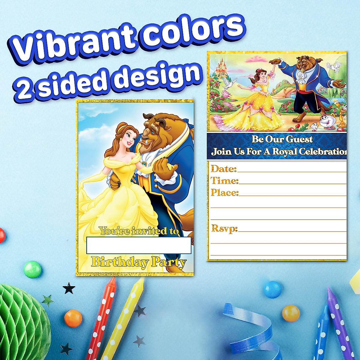 20x Enchanted Rose Birthday Invitations and Envelopes – Fill-in Happy Birthday Party Invitations for Kids, 6X4 Inches, Postcard Style