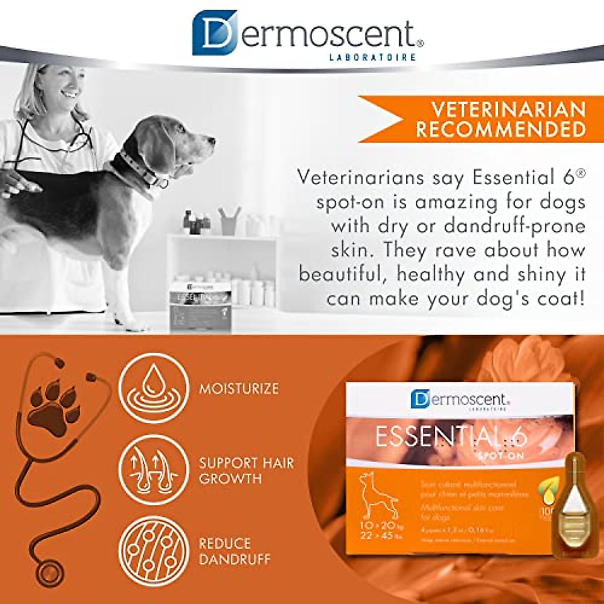Dermoscent Essential 6 spot-on - Dog Skin Care for Dandruff & Allergy Relief with Vitamin E Oil - Anti Itch for Dogs - Natural Ingredients for Sensitive Skin - Dogs 20-40 kg - 4 Pipettes of 2.4 ml