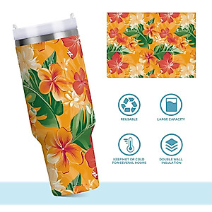 ALAZA Tropical Floral Yellow 40 oz Tumbler Water Bottle with Straw Lid and Handle,Reusable Insulated Stainless Steel Cup for Women Men Travel Car Cup Holder