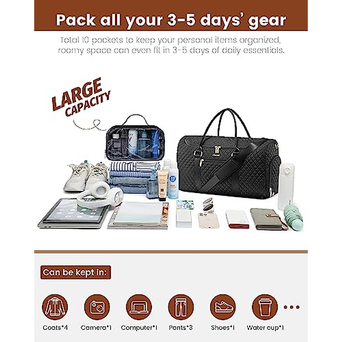 LOVEVOOK Travel Duffle Bag, 50L Weekender Overnight Bag with Toiletry Bag, Quilted Carry On Bag with Shoe Compartment, Gym Duffel Bag with Wet Pocket for Women, Hospital Bags for Labor and Delivery