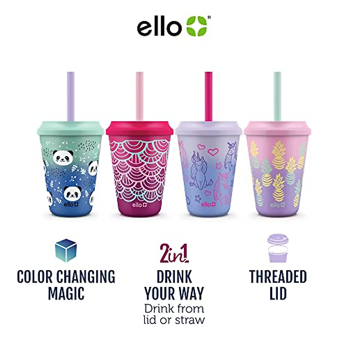 Ello Kids Plastic Reusable Color Changing Cups with Twist on Splash-Proof Lids and Straw, BPA Free, Dishwasher Safe, 12oz, Fruit Pop, 10 Pack