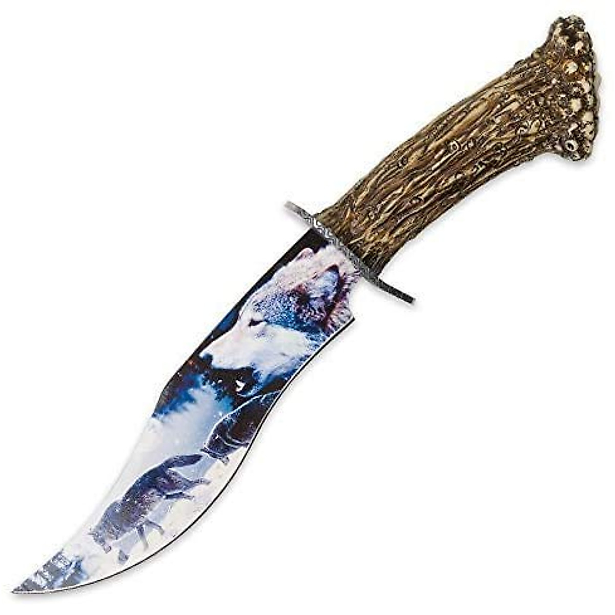 K EXCLUSIVE Wild Wolf Pack Fixed Blade Knife – Wolf Artwork on Blade, Carved Antler Display Stand, Intricate Faux Bone Handle – Artistic Home Décor for Wildlife Fans – 12” Overall