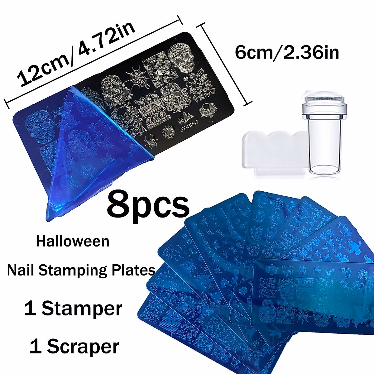 8 PCS Halloween Nail Art Stamping Plates Skull Ghost Bat Spider Witch Halloween Designs Nail Art Plates Templates Nail Stamping Plates 1 Stamper 1 Scraper Lace for DIY Printing Manicure Decoration