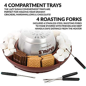 Nostalgia LSM400 Indoor Electric Stainless Steel S'mores Maker with 4 Lazy Susan Compartment Trays for Graham Crackers, Chocolate, Marshmallows and 4 Roasting Forks
