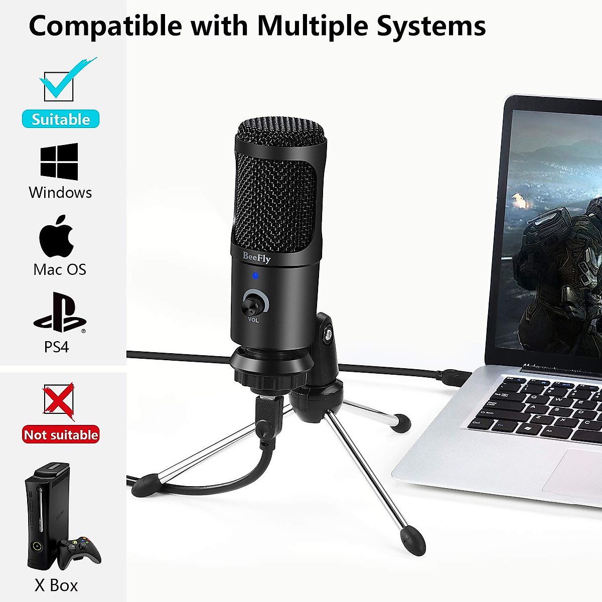 BeeFly USB Microphone, Microphone for Computer Metal Condenser Recording Microphone for PS4 Mac Windows Computer Desktop Microphone for Gaming Podcast Streaming YouTube Chatting