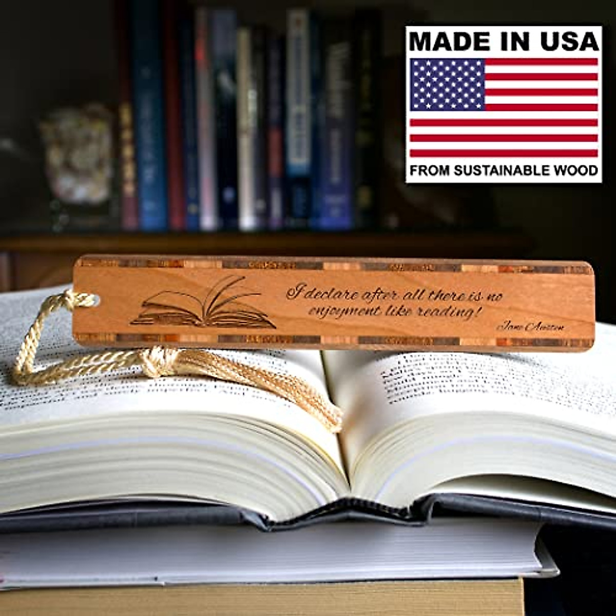 Jane Austen Reading Quote Engraved Wooden Bookmark - Also Available with Personalization Made in USA