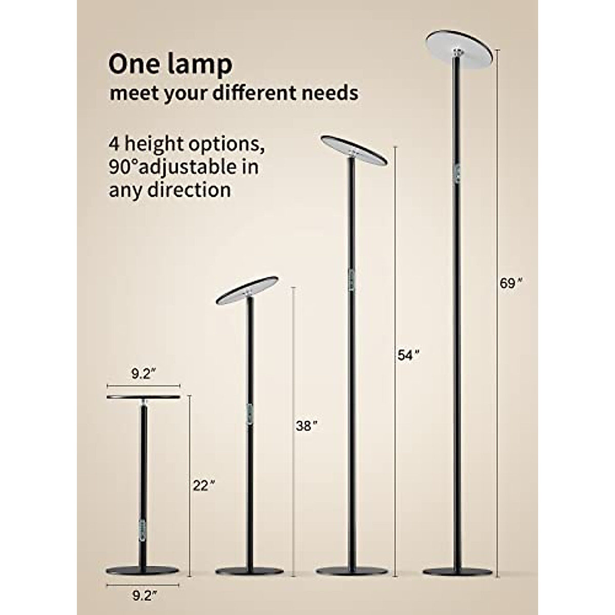 chiphy Floor Lamp, All Metal Standing Lamp, 40W/2600LM Dimmable Grow Light, Eye Protection Natural Sunlight, 69" Heights Adjustable Tall Lamp for Living Room,Bedroom,Reading,Piano,Sofa