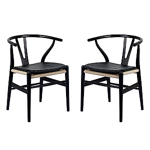 Forsho Set of 2 Solid Wood Wishbone Dining Chair with PU Soft Seat Cushion,Mid-Century Y Back Weave Dining Chair（Ash Wood - Black + Natural Cord + Cushion）