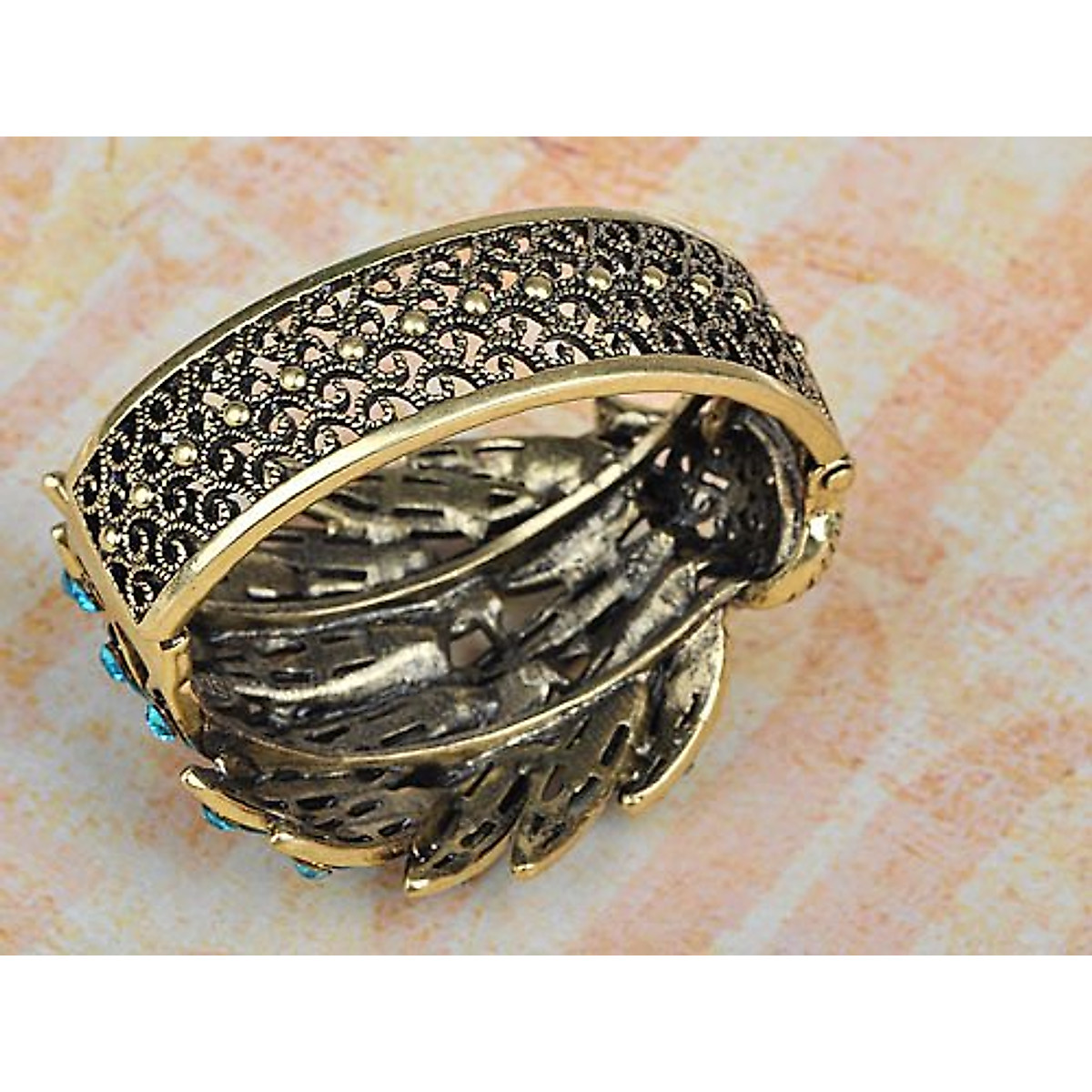 Alilang Womens Antique Golden Tone Peacock Bracelet Bangle With Turquoise Blue Gems, Blue