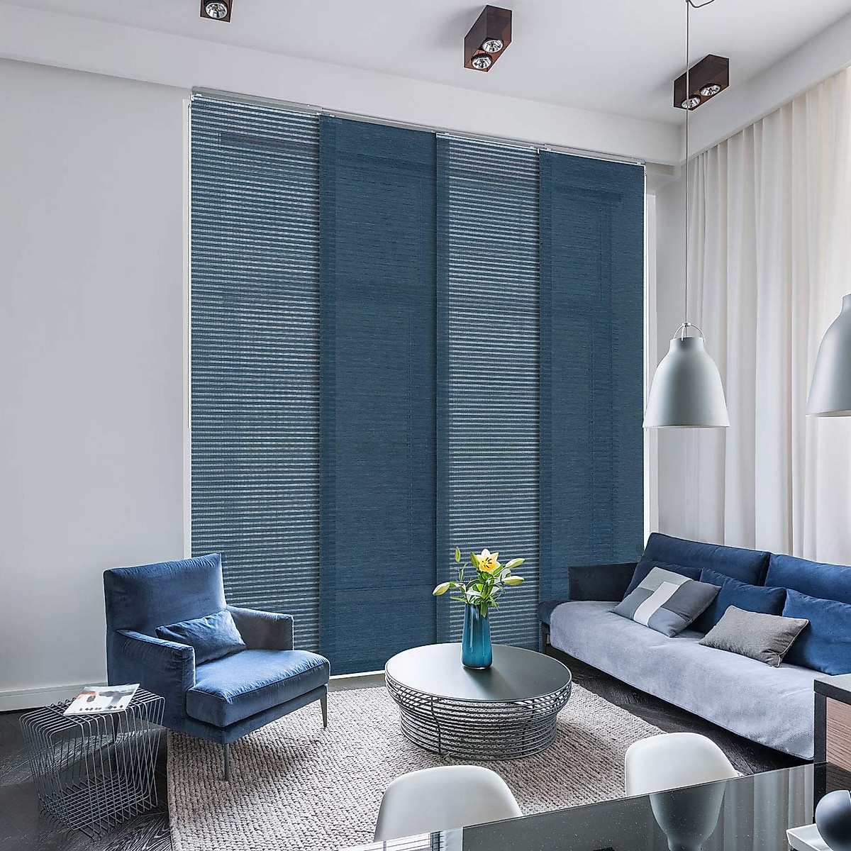 GoDear Design Adjustable Sliding Vertical Blinds for Sliding Glass Doors 45.8"- 86" W x 96" H, Extendable Panel Track Blinds, Hanging Room Dividers, Blue Trimmable Woven Fabric, Semi-Sheer, Meteor