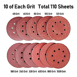 LotFancy Sanding Disc, 5 Inch 8 Hole, 110PCS, 40 60 80 100 120 180 240 320 400 800 1000 Grit Assorted Sand Paper, Hook and Loop Sandpaper Assortment, Random Orbital Sander Pads
