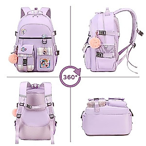Hey Yoo Cute School Backpack for Girls Backpack for School Bag Kids Backpacks for Girls Kawaii Bookbag for Teen Girls (Purple)