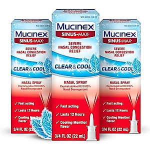 Mucinex Sinus-Max Nasal Spray Decongestant, 12 Hour Over-The-Counter Medication Nose Spray for Sinus Relief, Nasal Decongestants For Adults & Sinus Congestion, Cooling Menthol, 0.75 Fl Oz (Pack of 3)