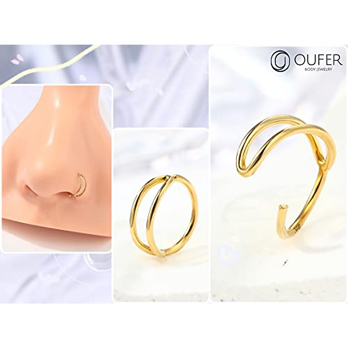 OUFER 20G Nose Rings Hoops, 9K Solid Gold Double Row Nose Rings, Seamless Open Cartilage Earrings, Nose Piercing Jewelry for Women and Men