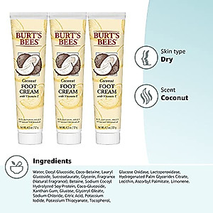 Foot Cream, Burt's Bees Moisturizing Lotion for Dry Skin, with Coconut Oil & Vitamin E, All Natural, 4.34 Ounce (Pack of 3) (Packaging May Vary)