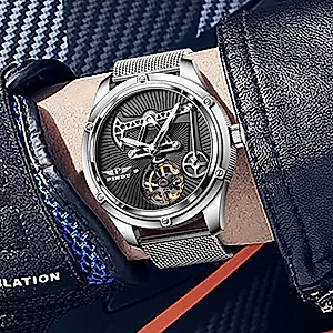 PINDU Automatic Watches for Men, Self-Designed and Modified 8215 Movement Oil Well Digging Design 50M Waterproof Analogue Watches Mens Unique Cool Mechanical Watch (Black Dial Silver Mesh Strap)