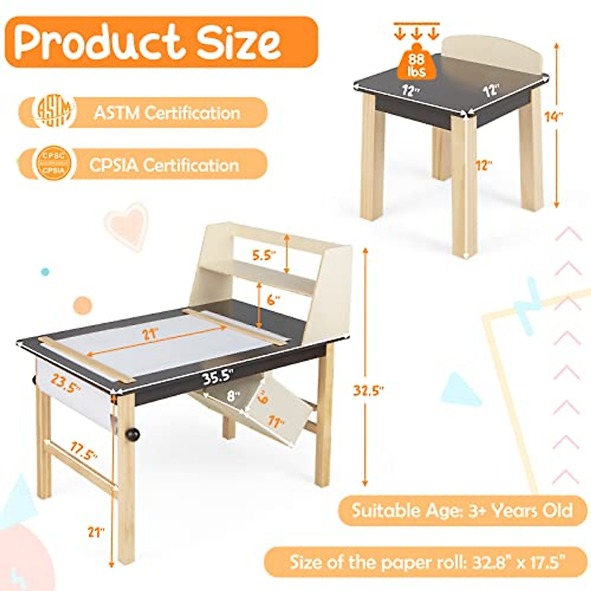 HONEY JOY Kids Art Table and Chair Set, Wooden Drawing Desk and 2 Stools w/Paper Roll, Open Shelf, Toddler Activity & Crafts Table w/Storage Bins, Children Furniture Set for Boys Girls Ages 3+